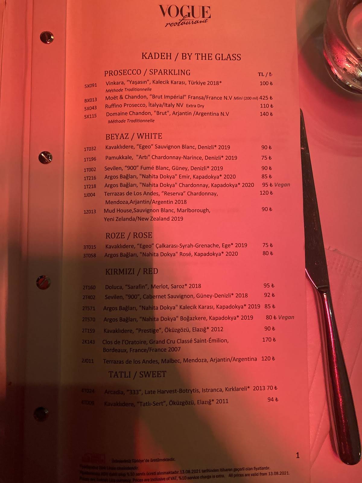 Menu at Vogue Restaurant & Bar, Istanbul, BJK Plaza