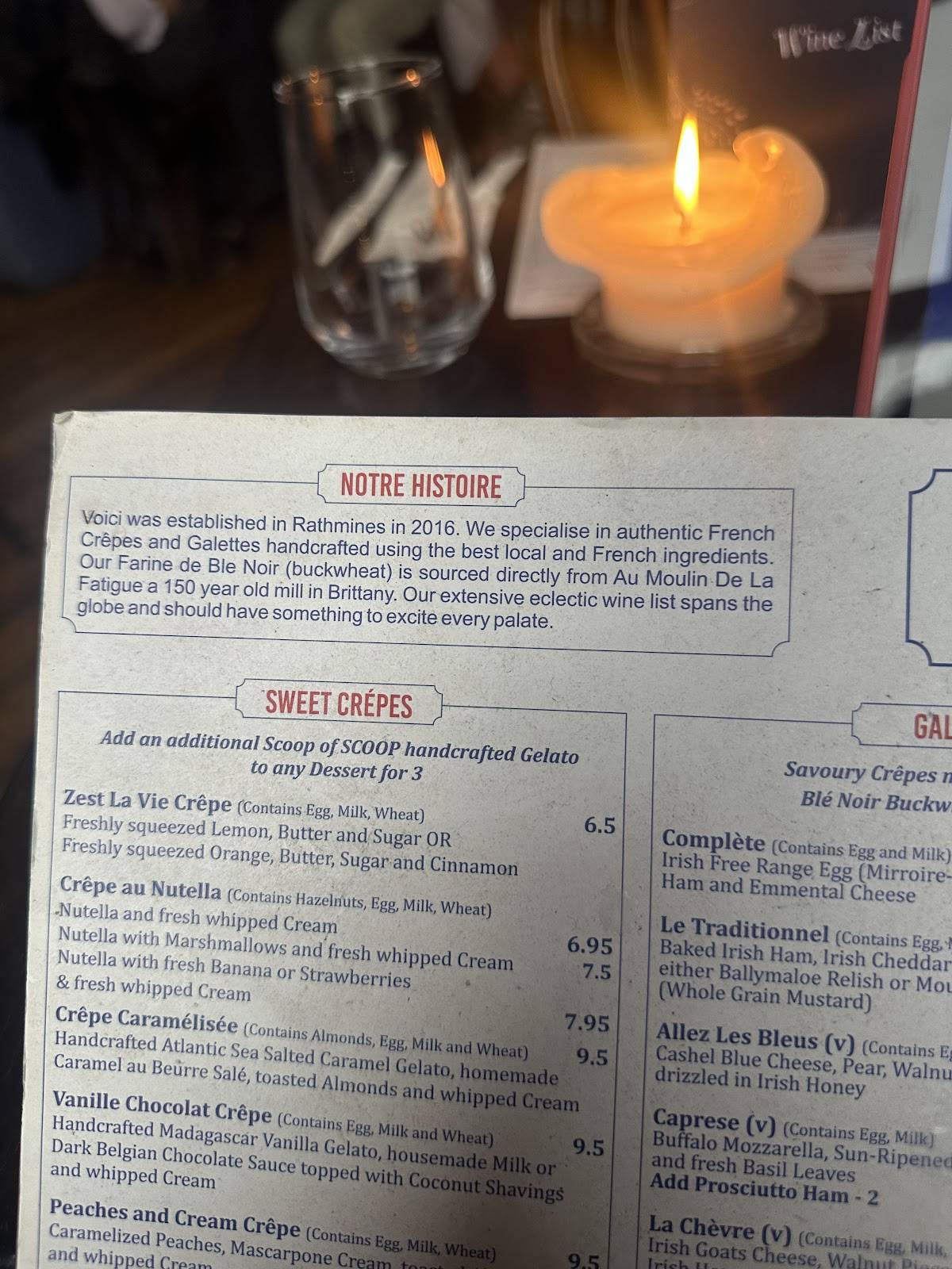 Carta de Voici Crêperie & Wine Bar, Rathmines