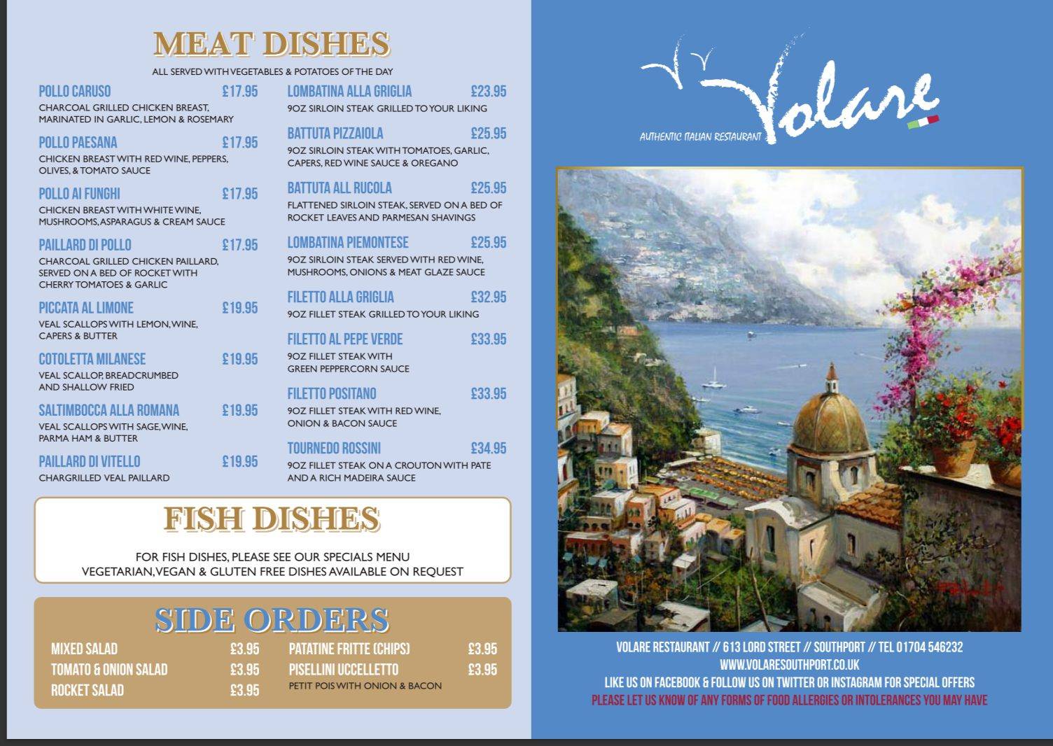 Menu at Volare restaurant, Southport
