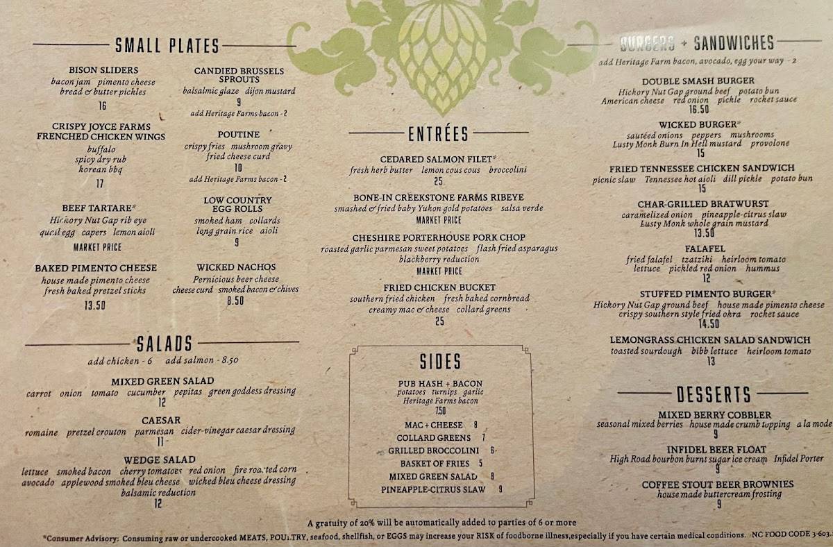 Menu at WICKED WEED SMOKEHOUSE restaurant, Cherokee