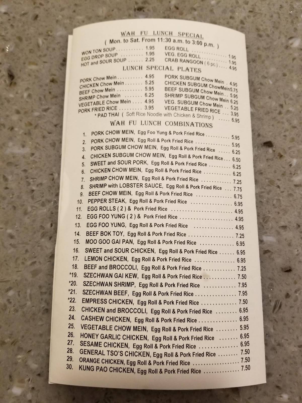 Menu at Wah Fu Chinese Restaurant, Cleveland