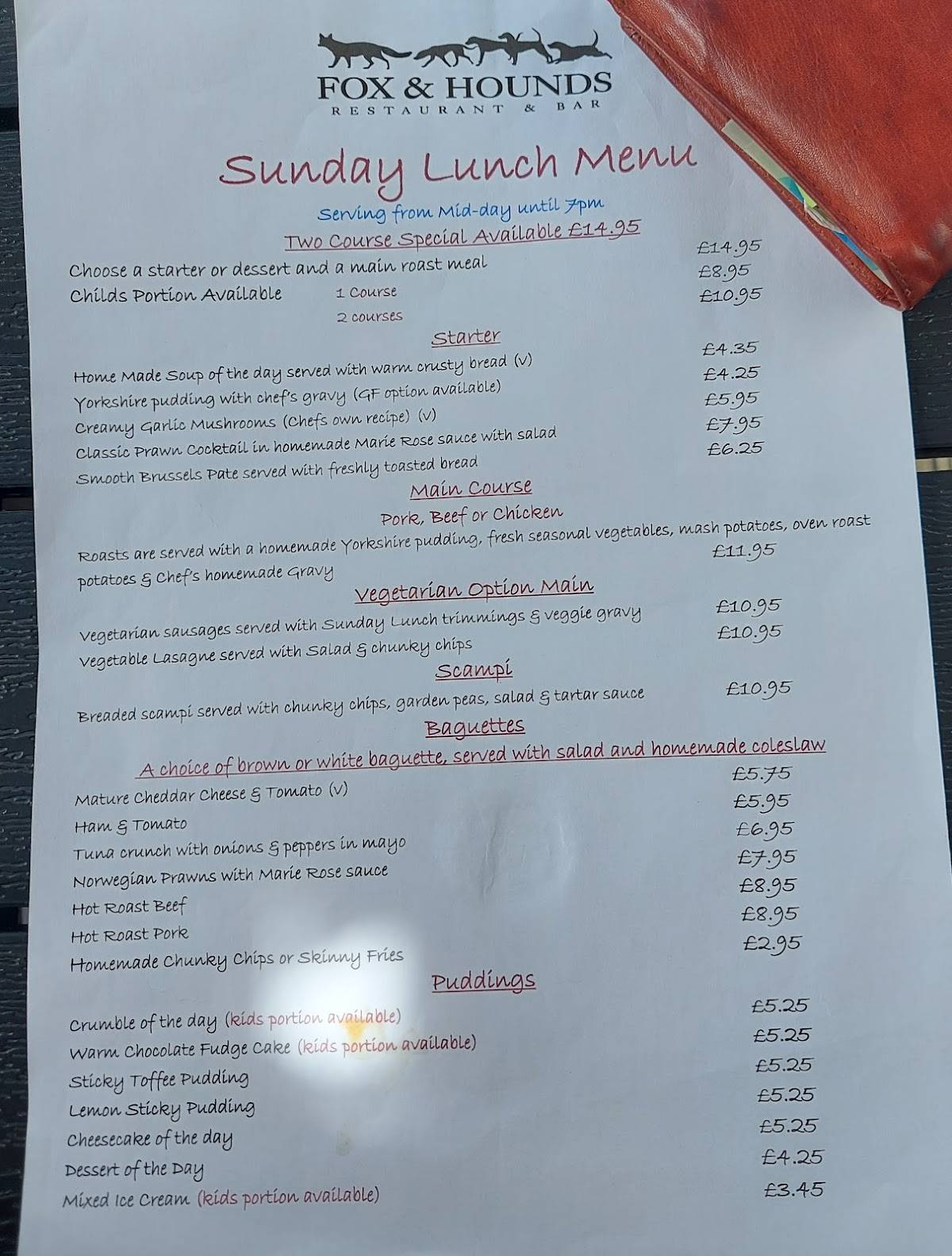 Menu at Fox & Hounds pub & bar, Wakefield