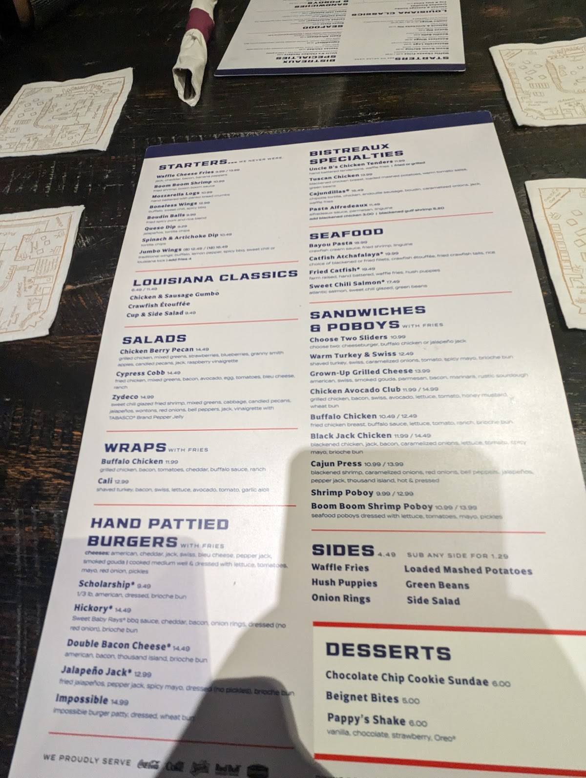 Menu at Walk-On's Sports Bistreaux - Purdue Restaurant, West Lafayette