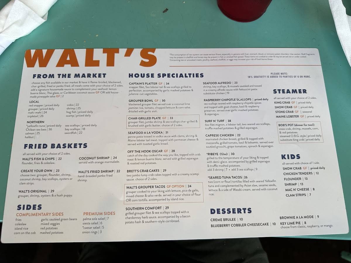Menu at Walt's Fish Market Restaurant, Sarasota