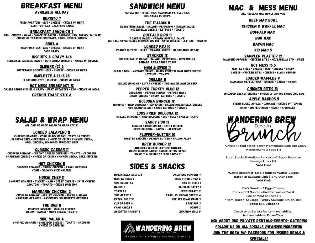Menu at Wandering Brew cafe, Perkins