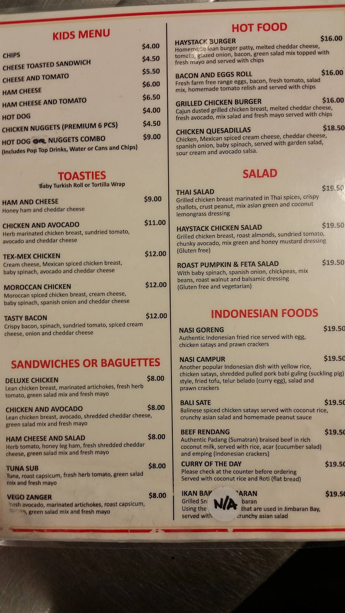 Menu at The Haystack Cafe, Wangara