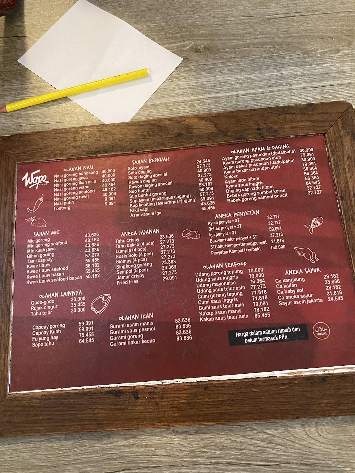 Menu at Wapo restaurant, Durensewu