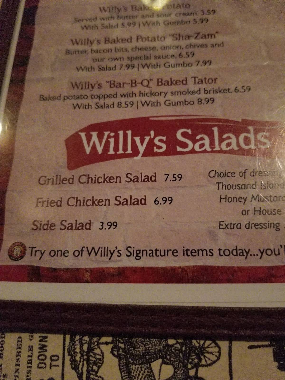 Menu at Warehouse Willy's steakhouse, Poteau