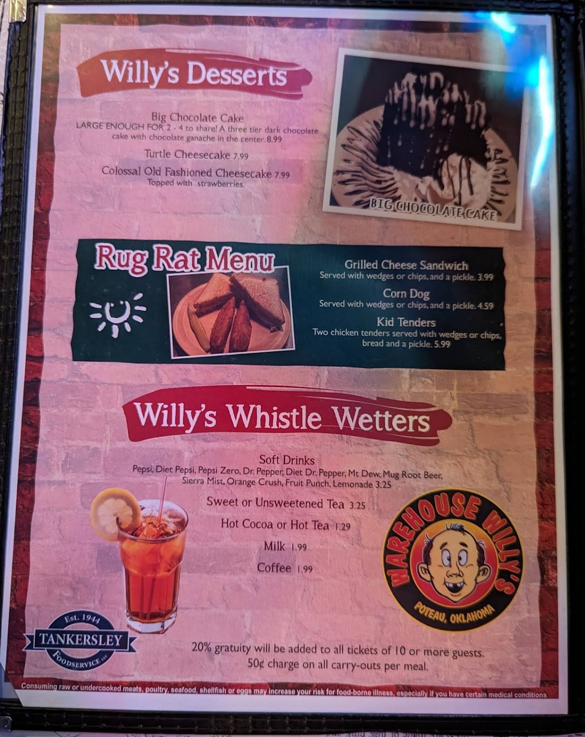 Menu at Warehouse Willy's steakhouse, Poteau