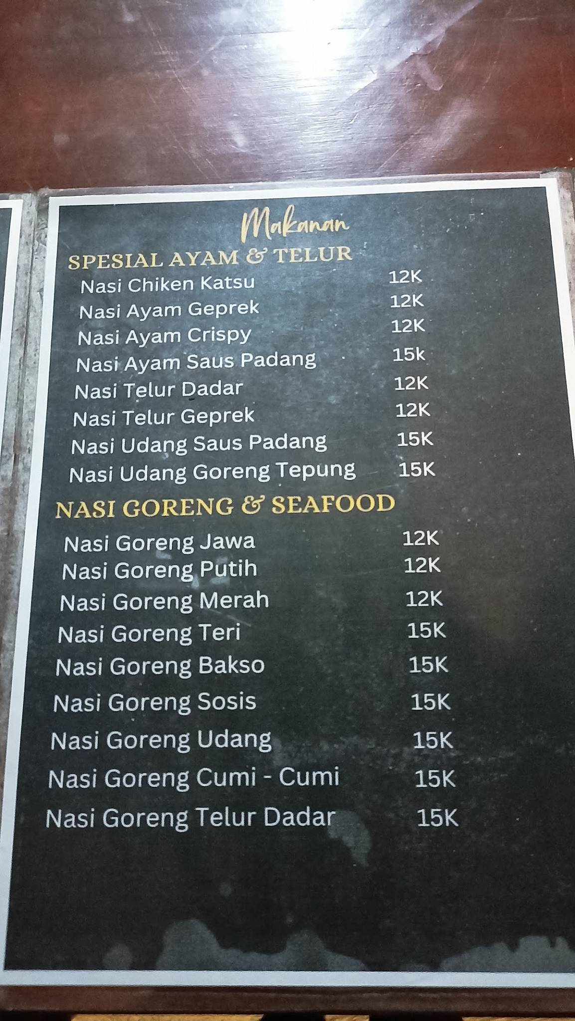 Menu at Warong Sawah wing au1, Indonesia