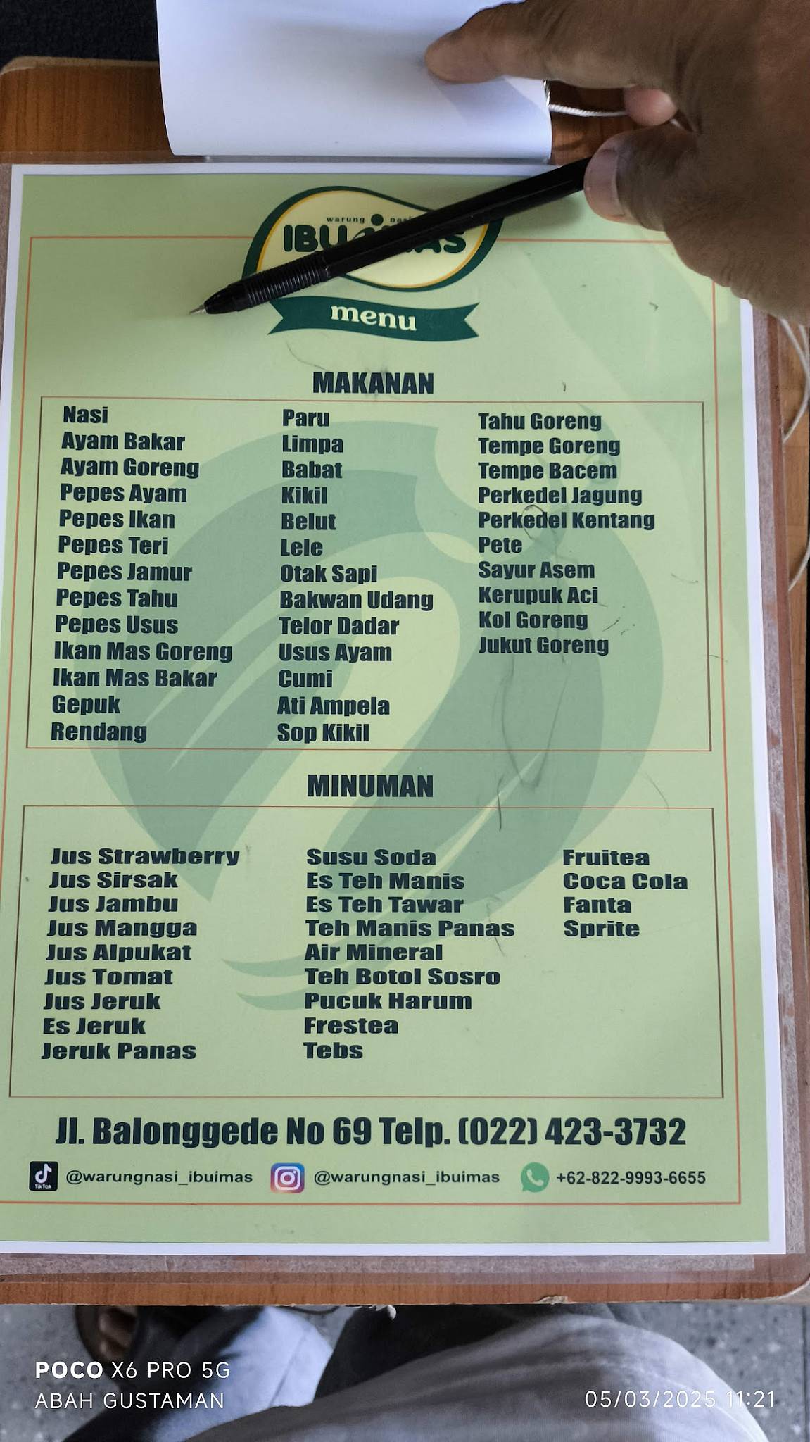 Menu at Warung Nasi Ibu Imas restaurant, Bandung, Jl. Balonggede No.67 ...