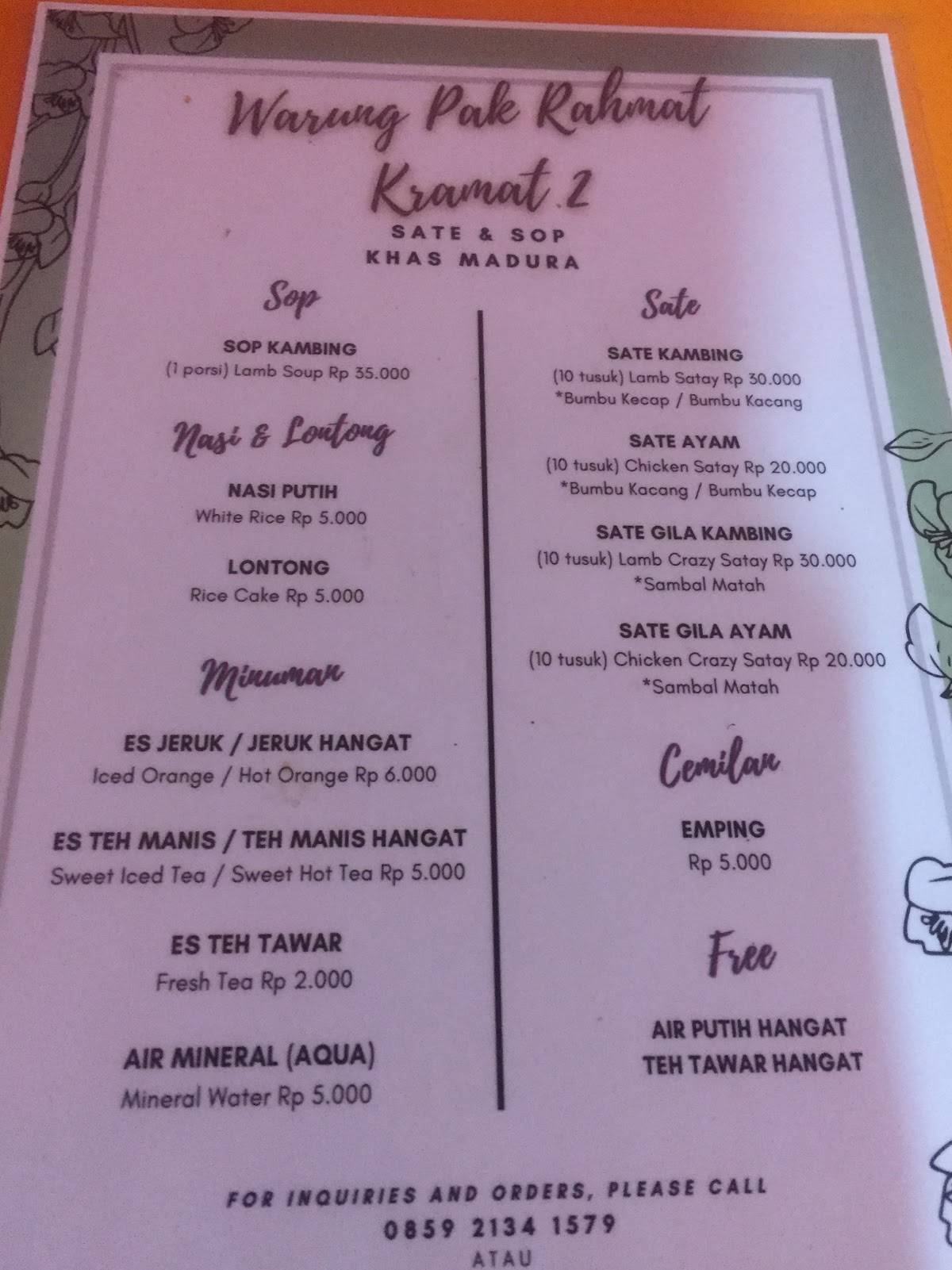 Carta del restaurante Warung Pak Rahmat (Sate dan Sop Kambing), Central ...