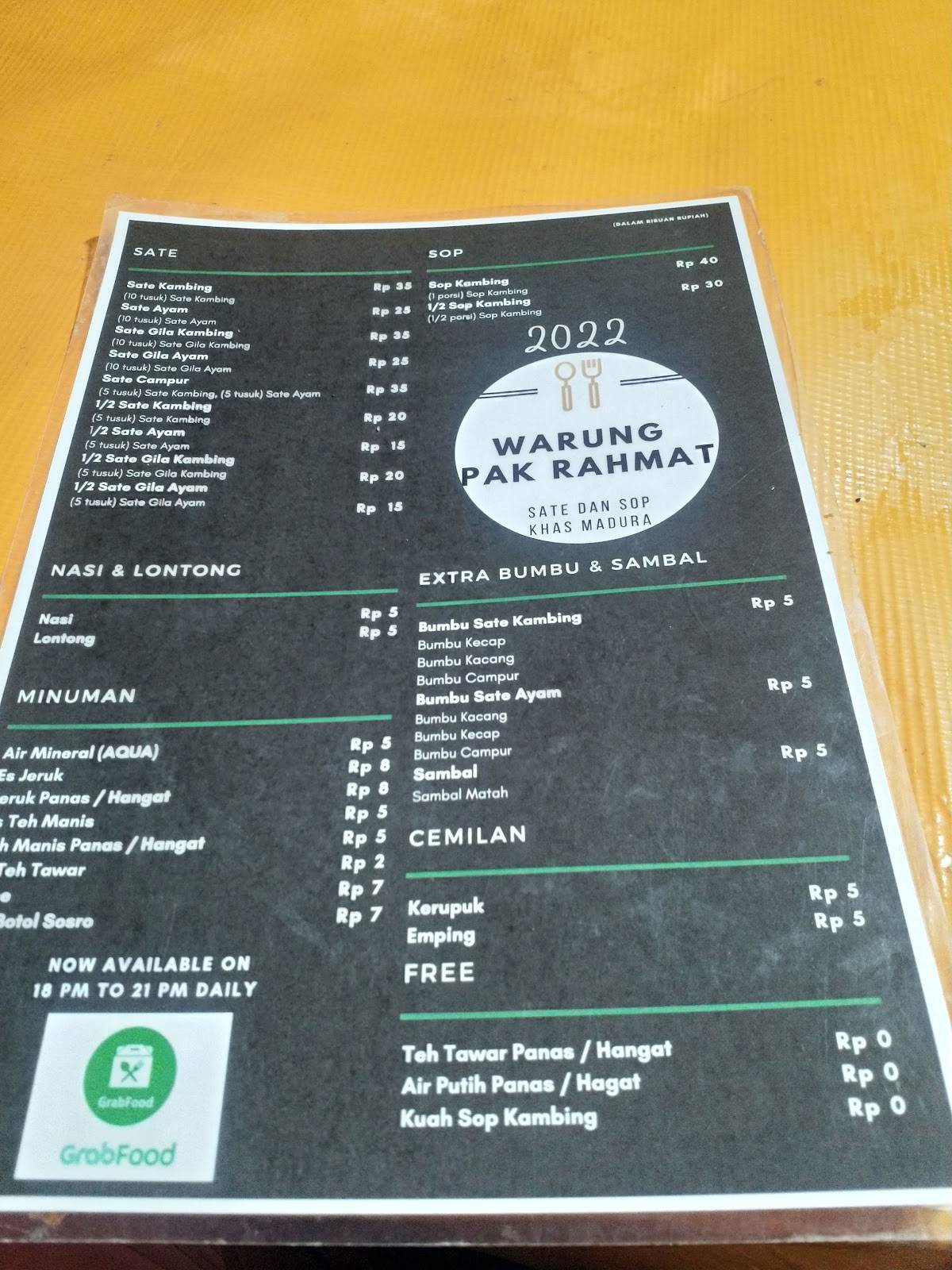 Carta del restaurante Warung Pak Rahmat (Sate dan Sop Kambing), Central ...