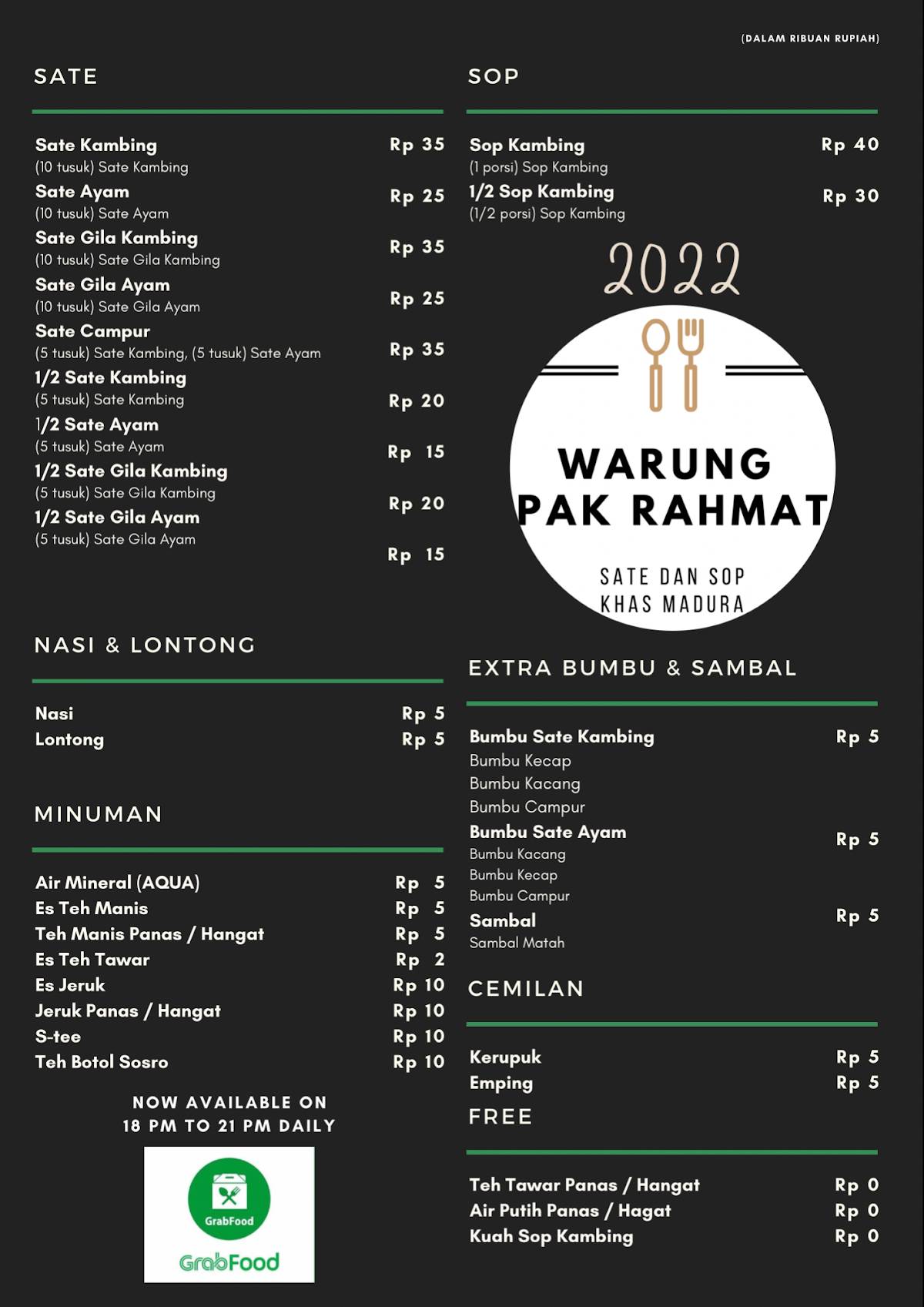 Carta del restaurante Warung Pak Rahmat (Sate dan Sop Kambing), Central ...