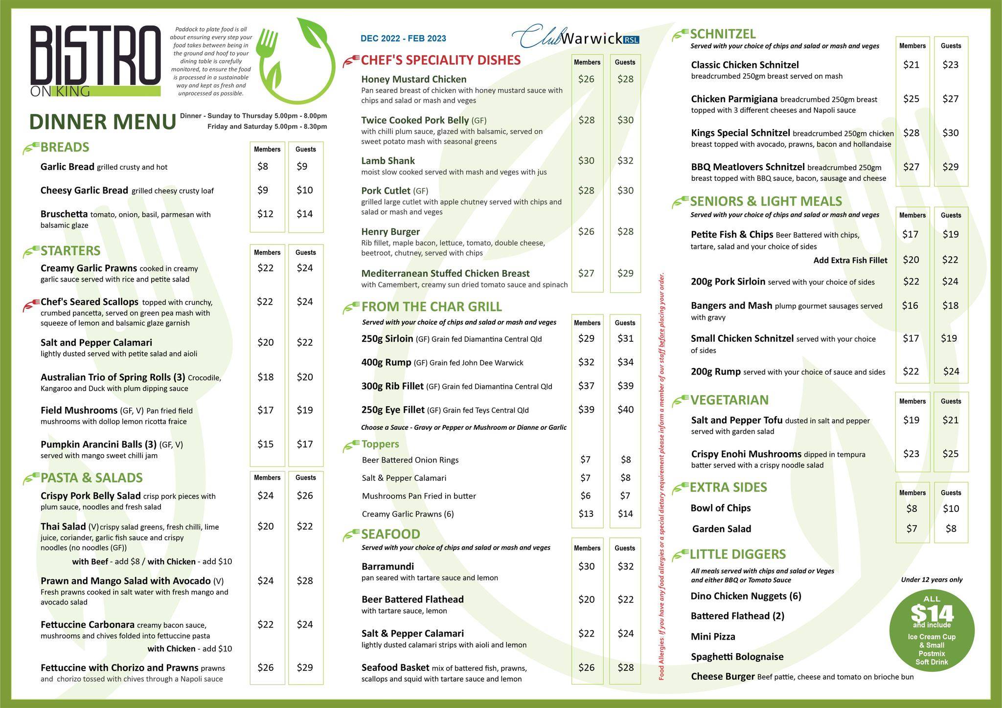 Menu at Club Warwick RSL, Warwick