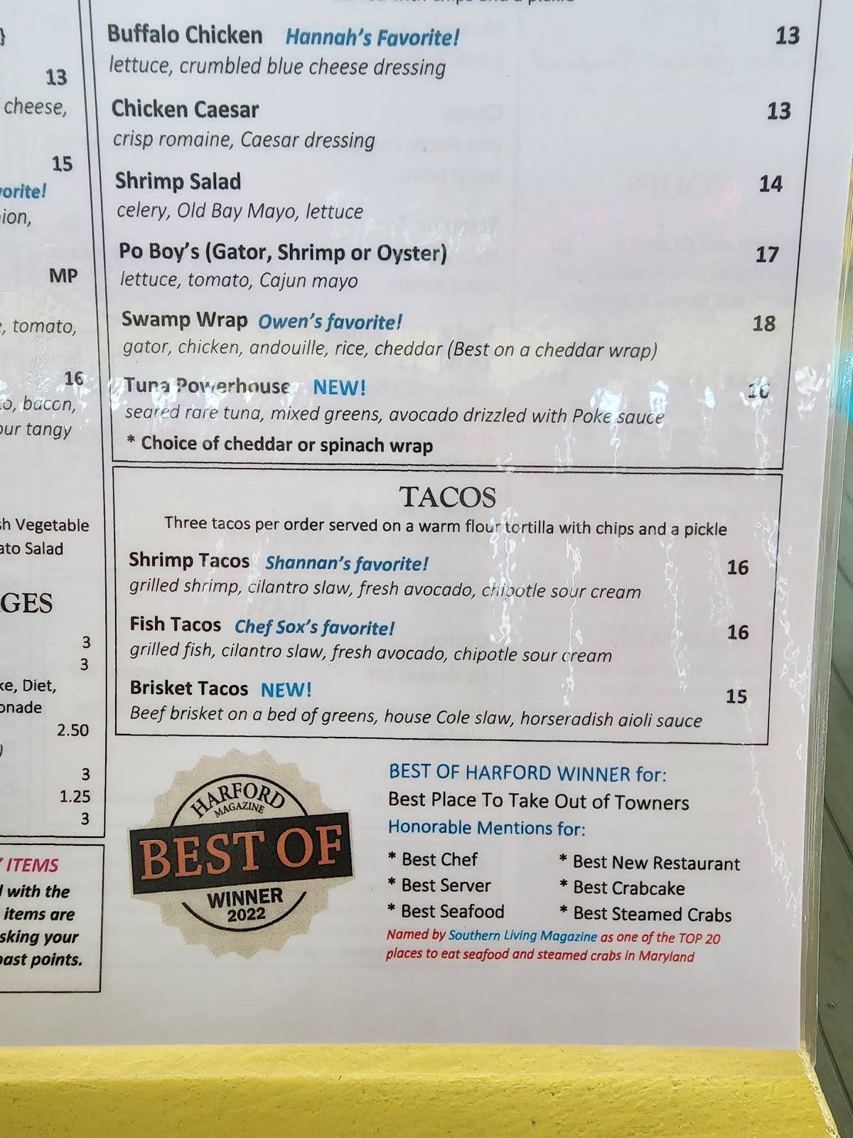 Menu at Water Street Seafood restaurant, Havre de Grace