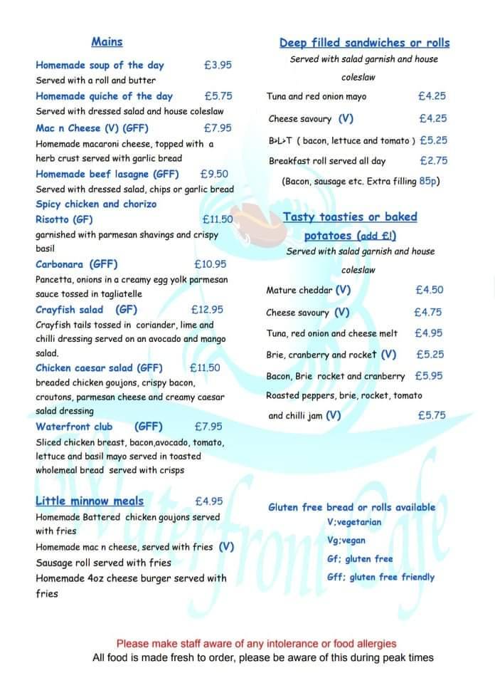Menu at Waterfront Cafe, Eyemouth