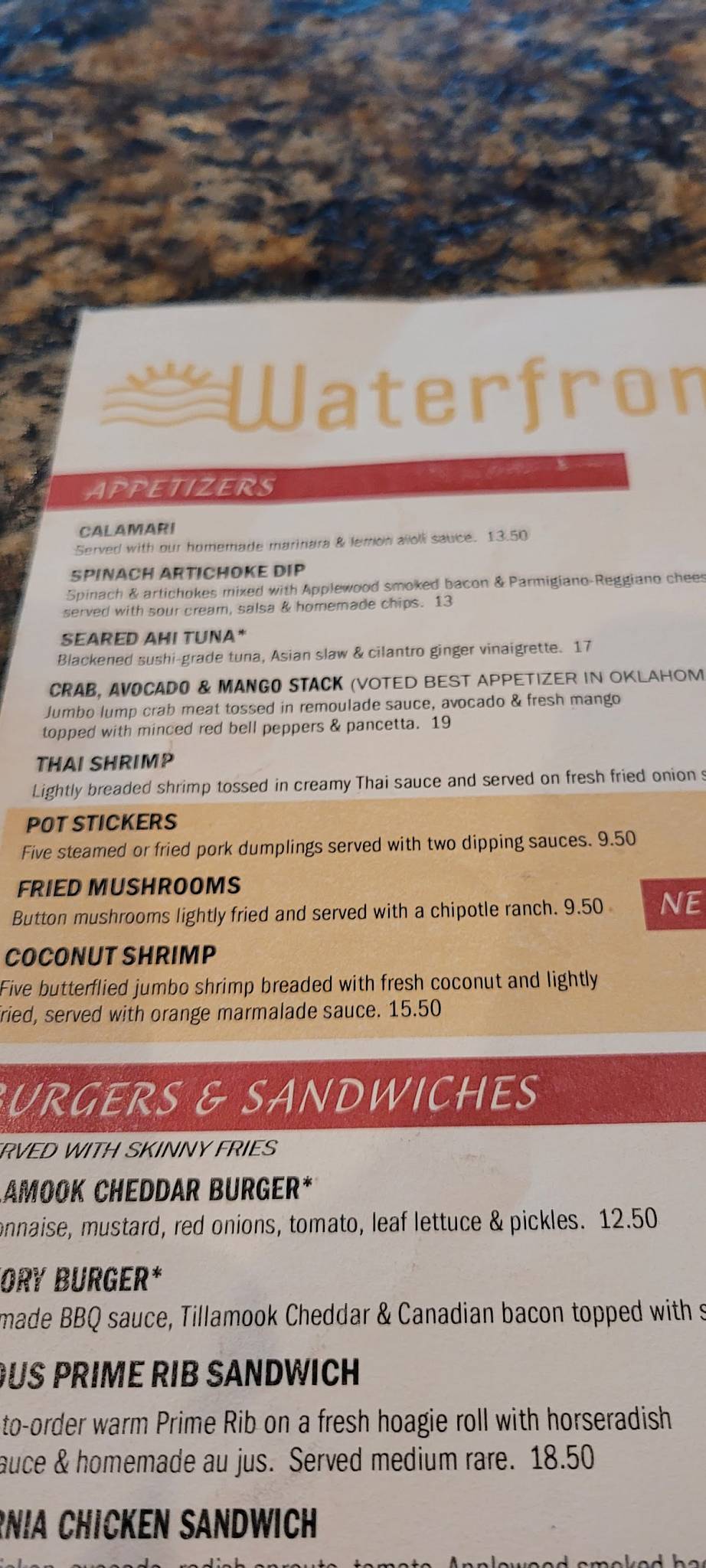 Menu at Waterfront Grill Tulsa restaurant, Jenks