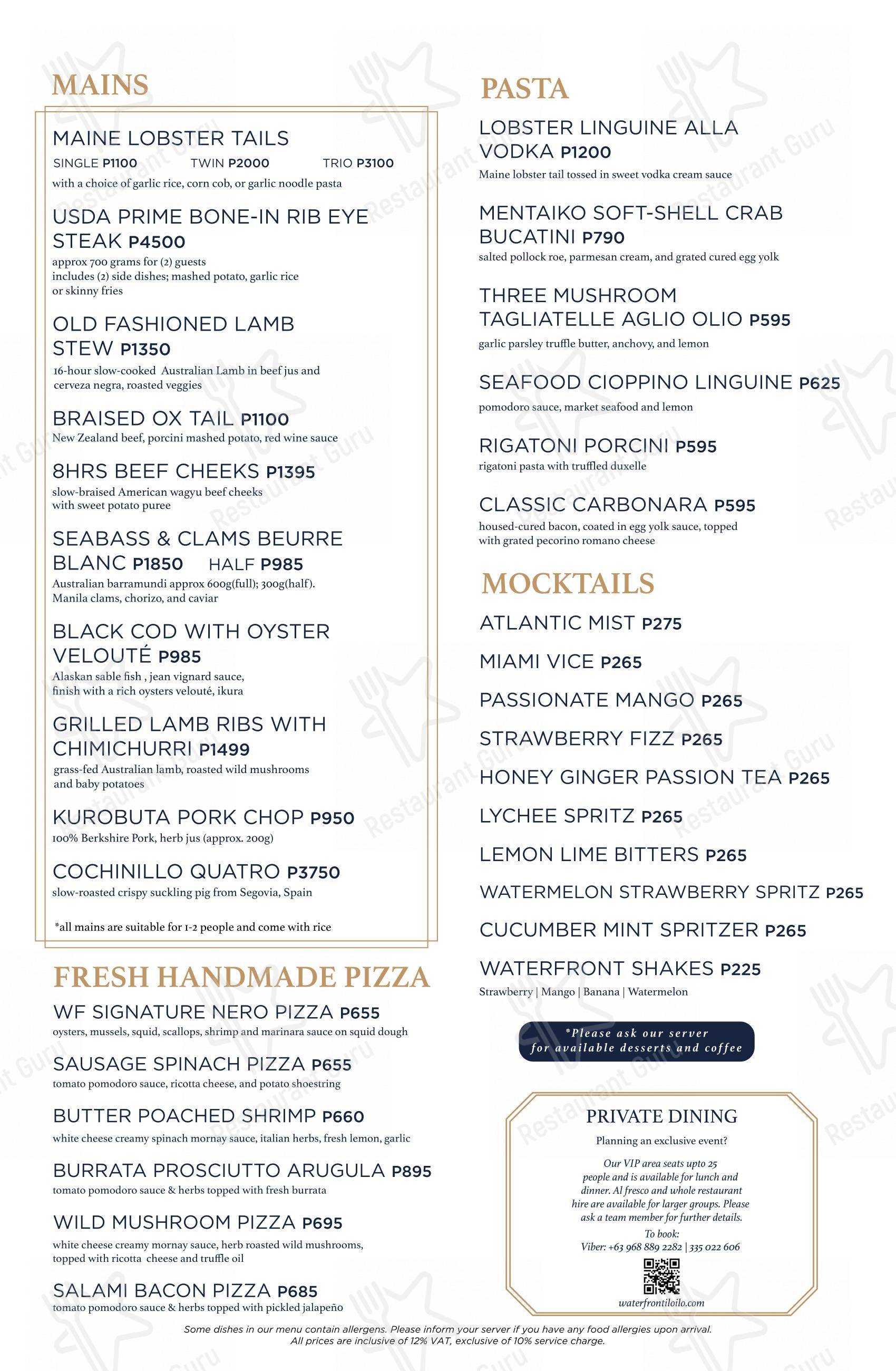 Menu at Waterfront Seafood & Cocktails restaurant, Iloilo City