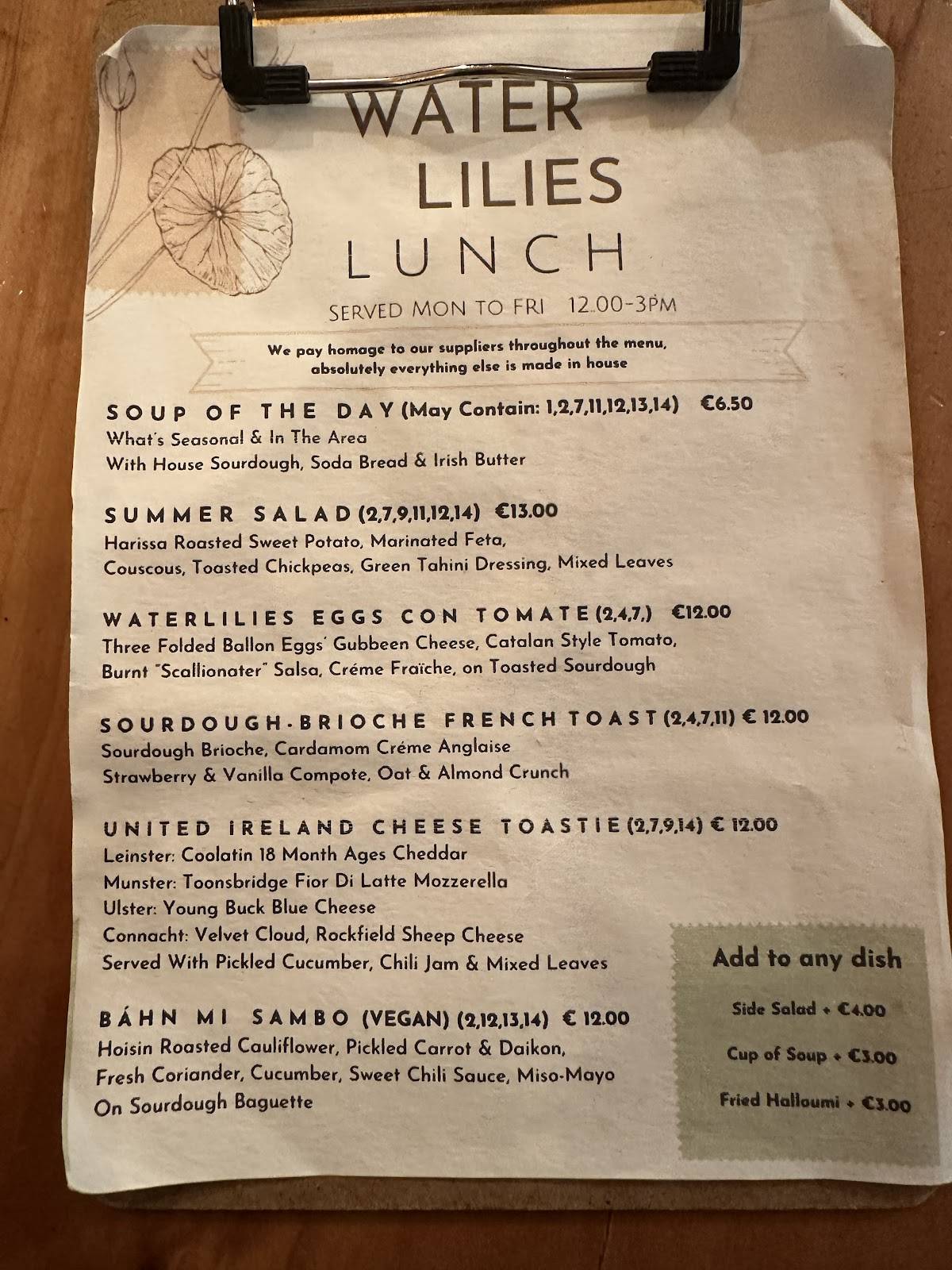 Menu at Waterlilies Bakery & Café, Carlow