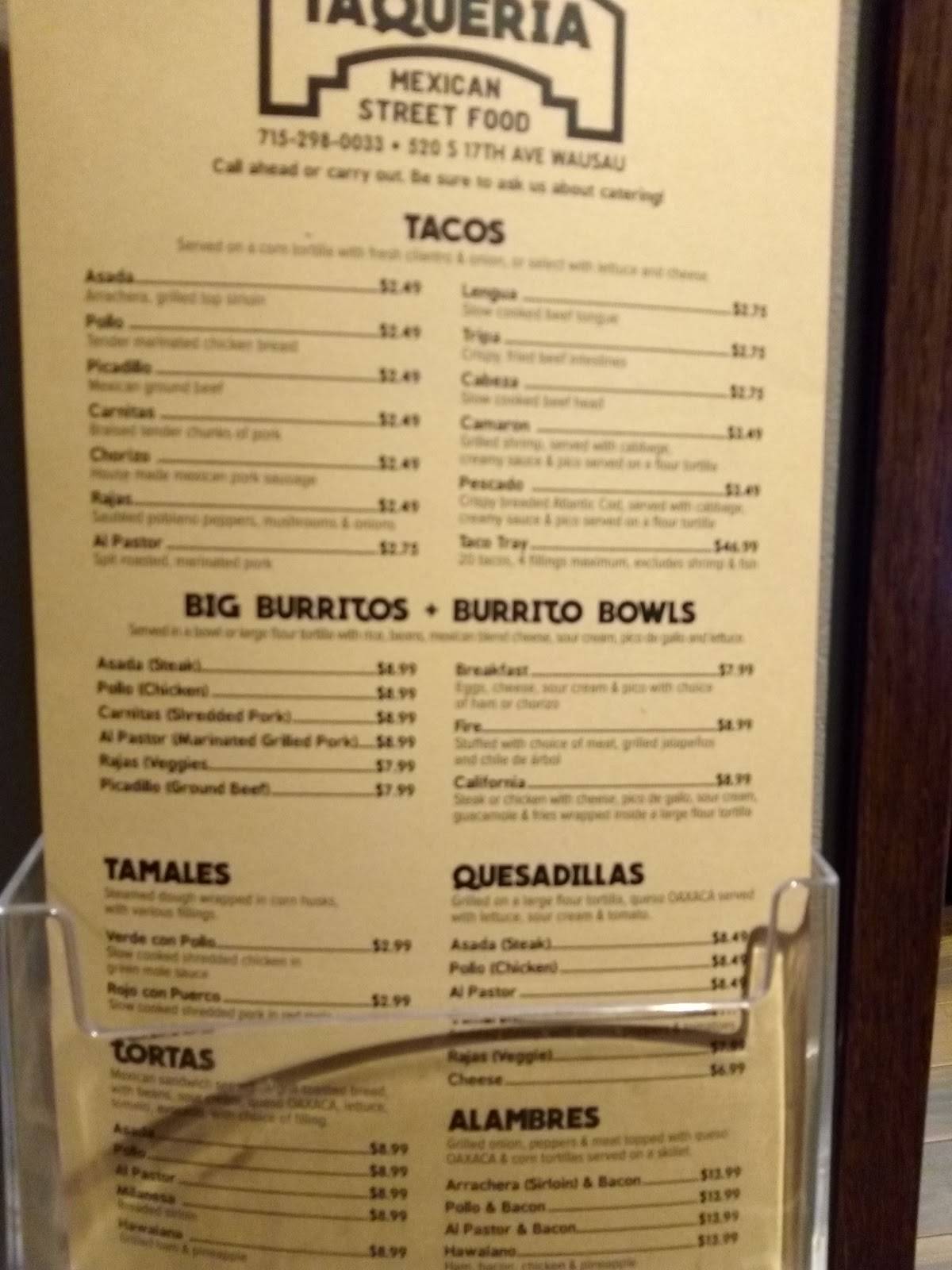 Menu at La Taqueria restaurant, Wausau