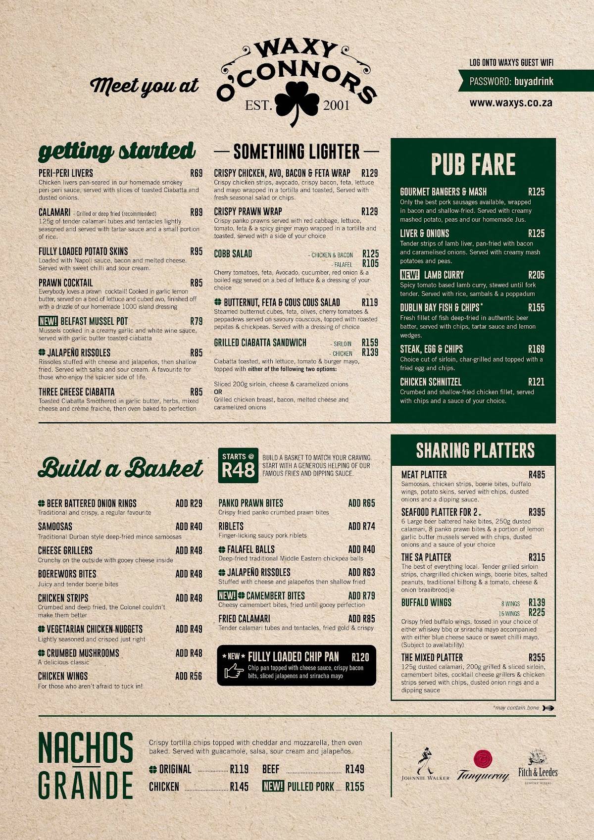 Menu at Waxy O'Connors Hilton pub & bar, Pietermaritzburg