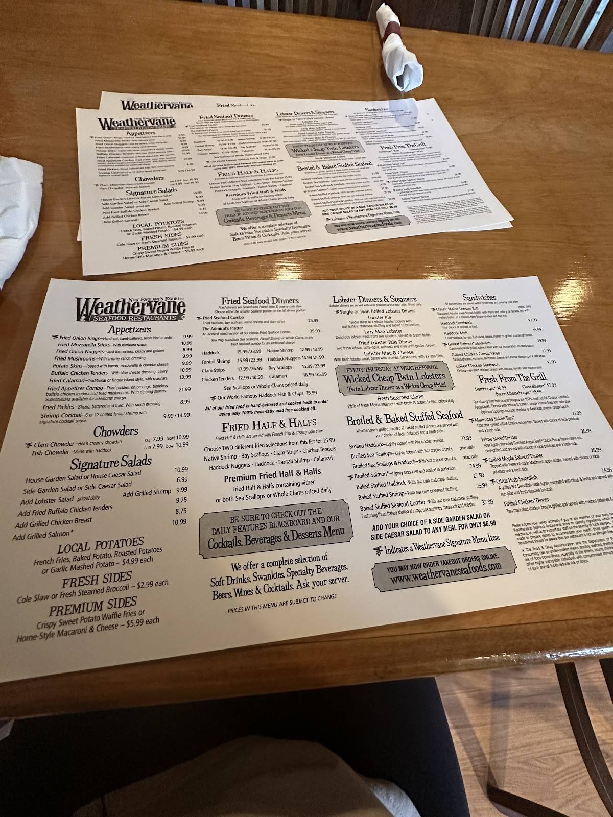 Menu at Weathervane Seafood Restaurant, Dover