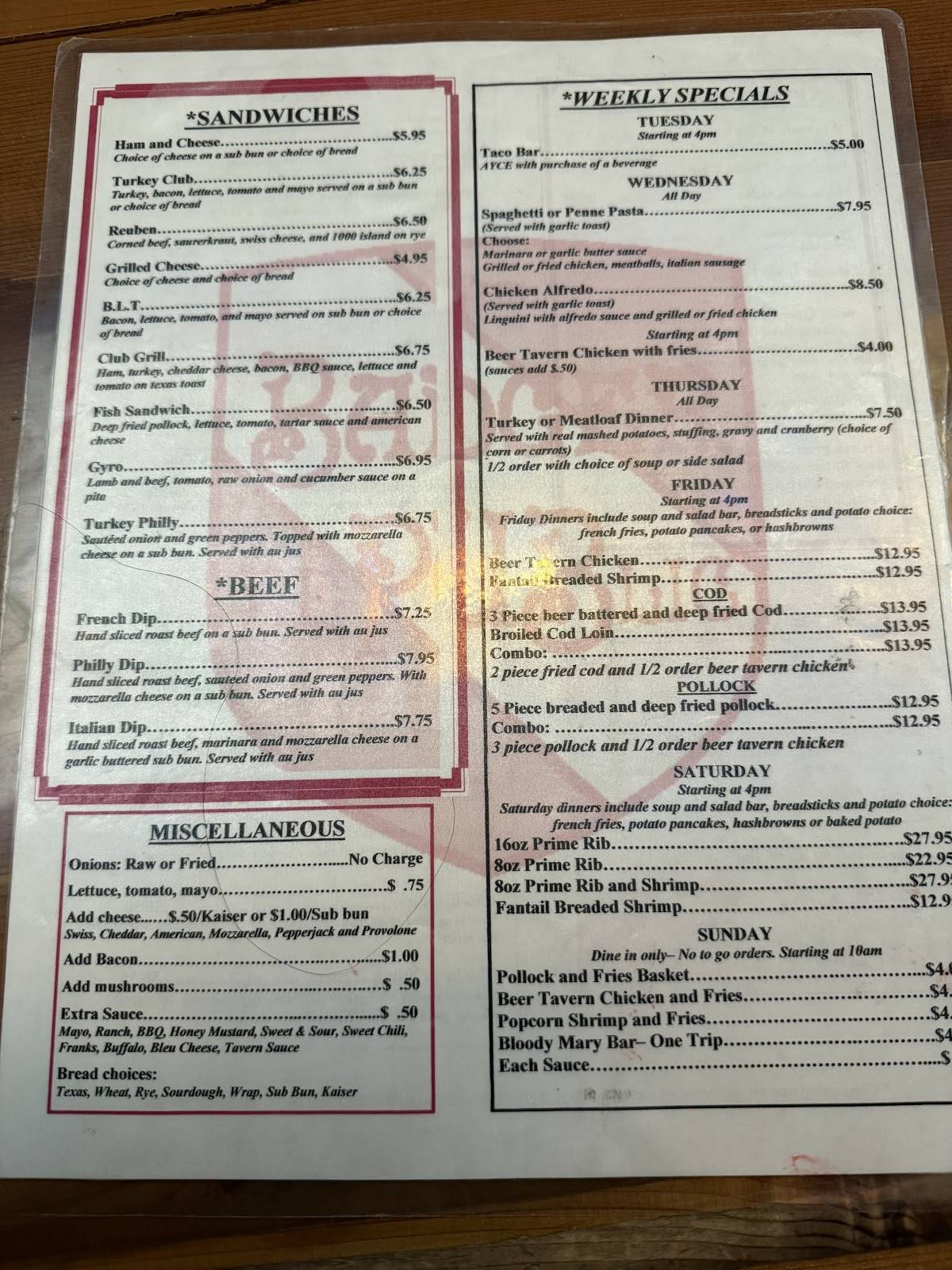 Menu at Wedges pub & bar, Janesville