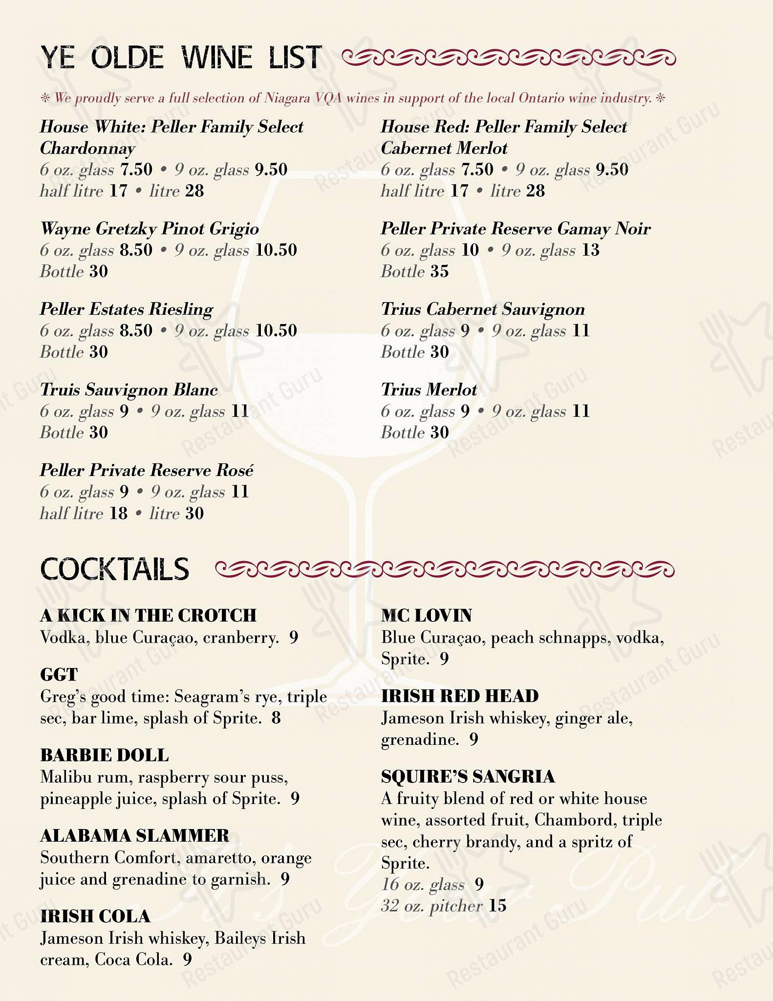 Menu at Ye Olde Squire Welland pub & bar, Welland, Seaway Mall