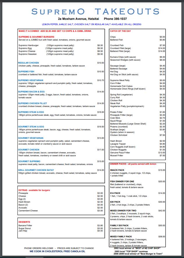 Menu at Supremo Takeouts restaurant, Wellington