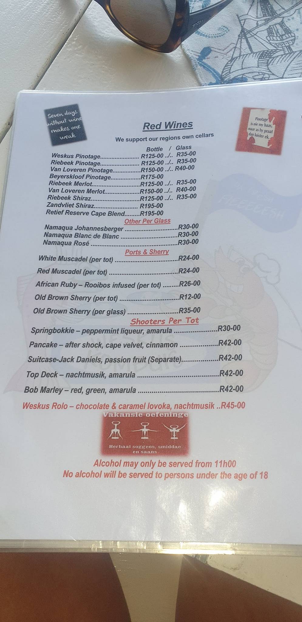 Menu at Weskus Kombuis restaurant, Lambert's Bay