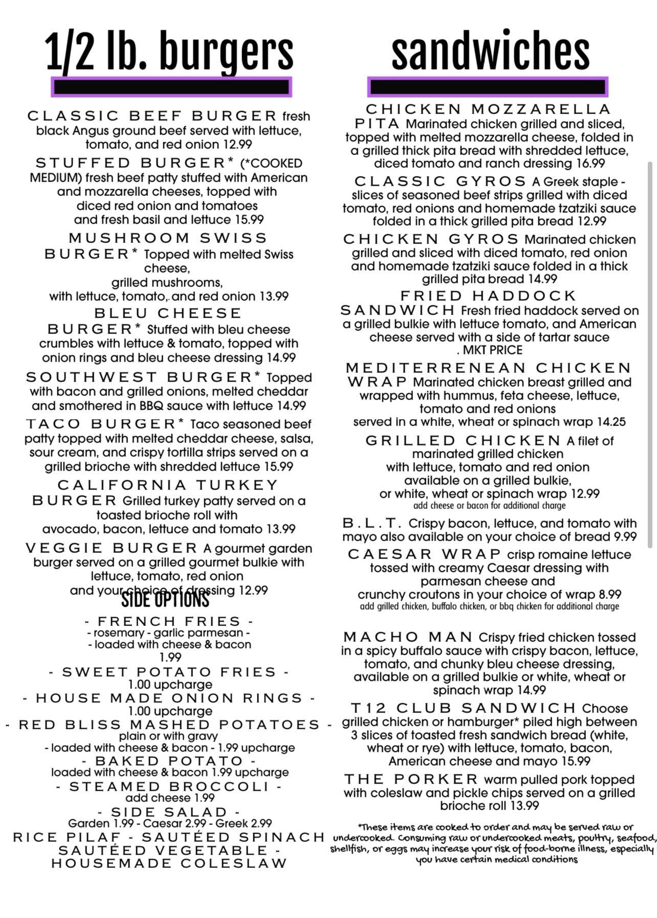 Menu at Table Twelve Kitchen & Bar, West Boylston