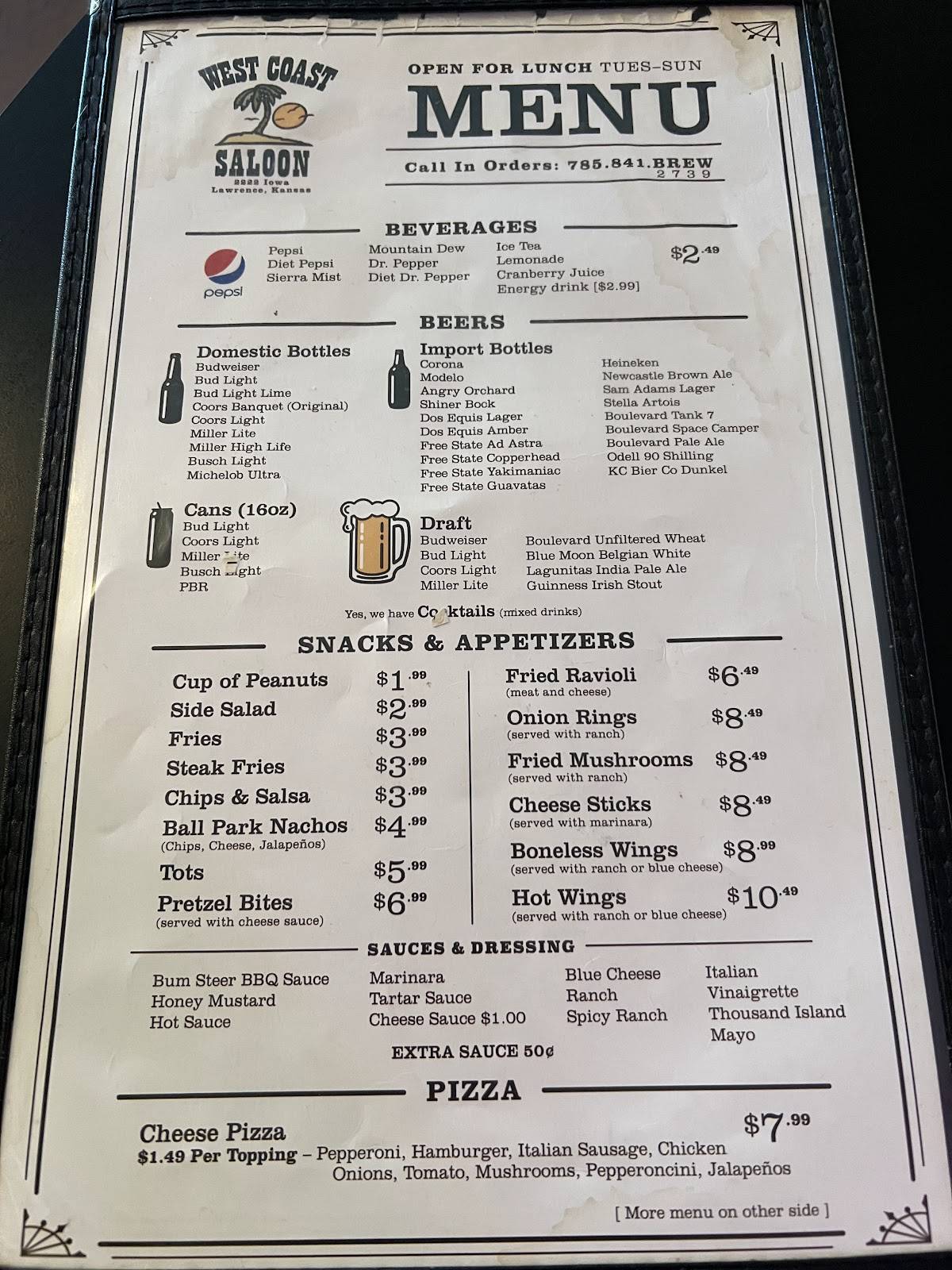 Menu at West Coast Saloon pub & bar, Lawrence
