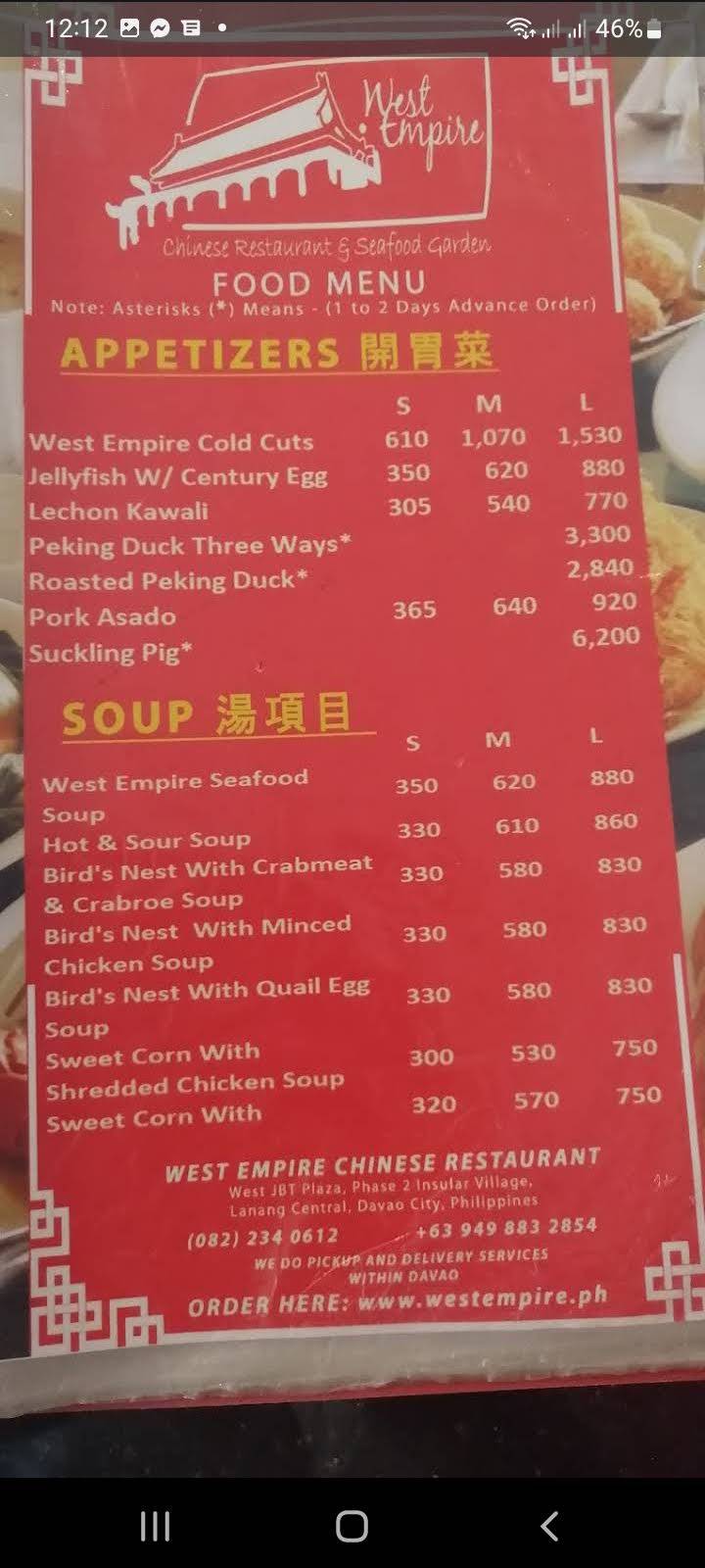 Menu at West Empire Chinese Restaurant and Seafood Garden, Davao City ...