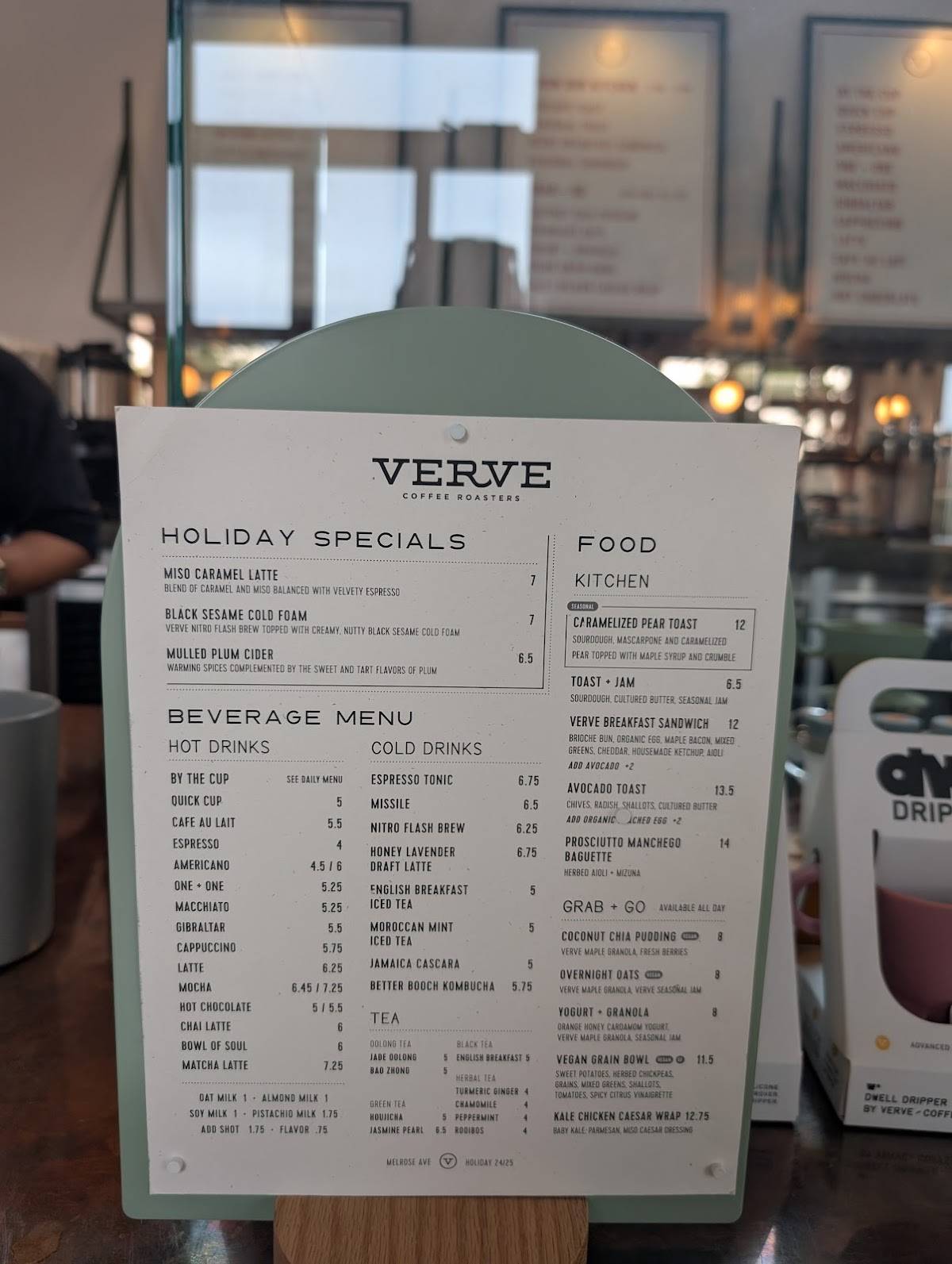 Carta del café Verve Coffee Roasters, West Hollywood, Melrose Ave