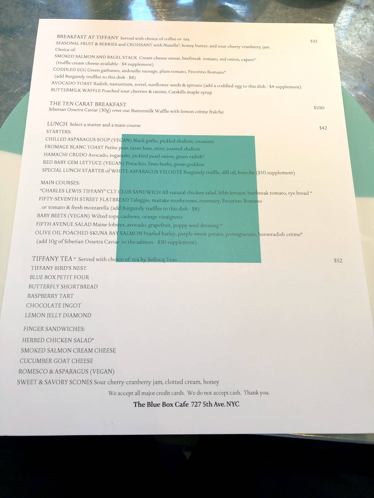Menu at Blue Box Café by Daniel Boulud cafe, West New York, 6th Floor