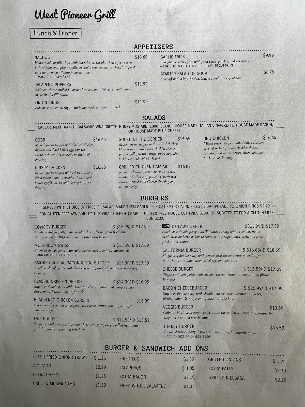 Menu at West Pioneer Grill restaurant, Puyallup