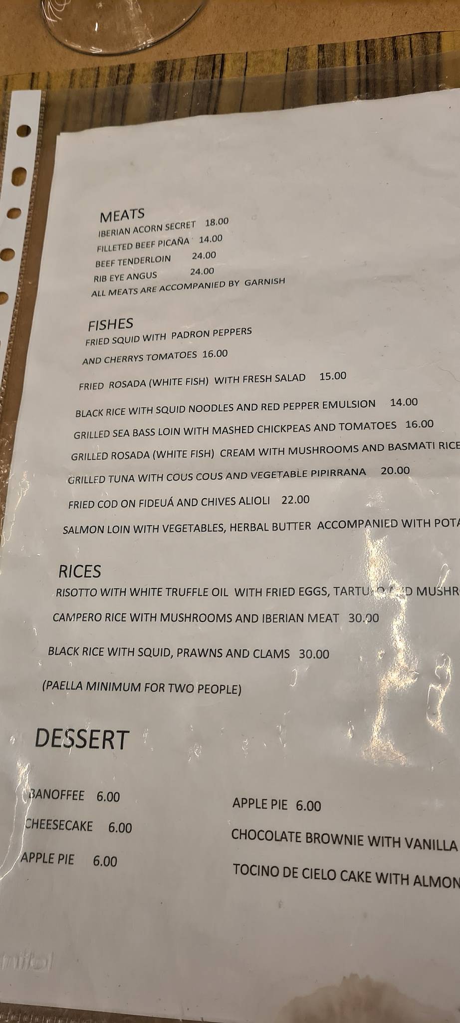 Carta de West Restaurant, La Línea de la Concepción
