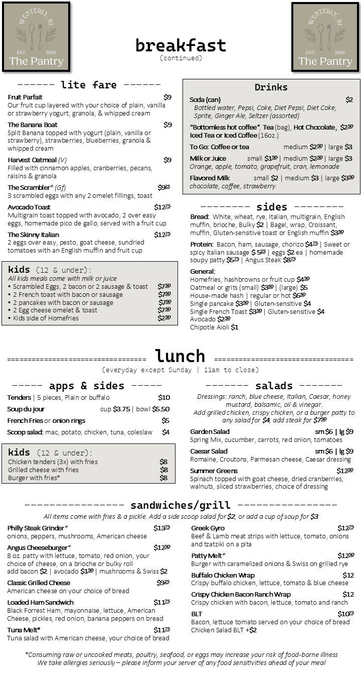Menu at The Pantry restaurant, Westerly