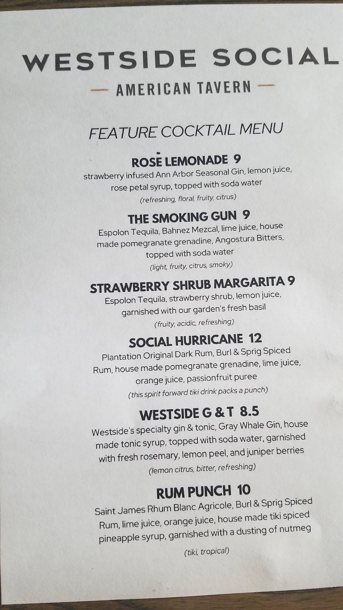 Menu at Westside Social pub & bar, Grand Rapids