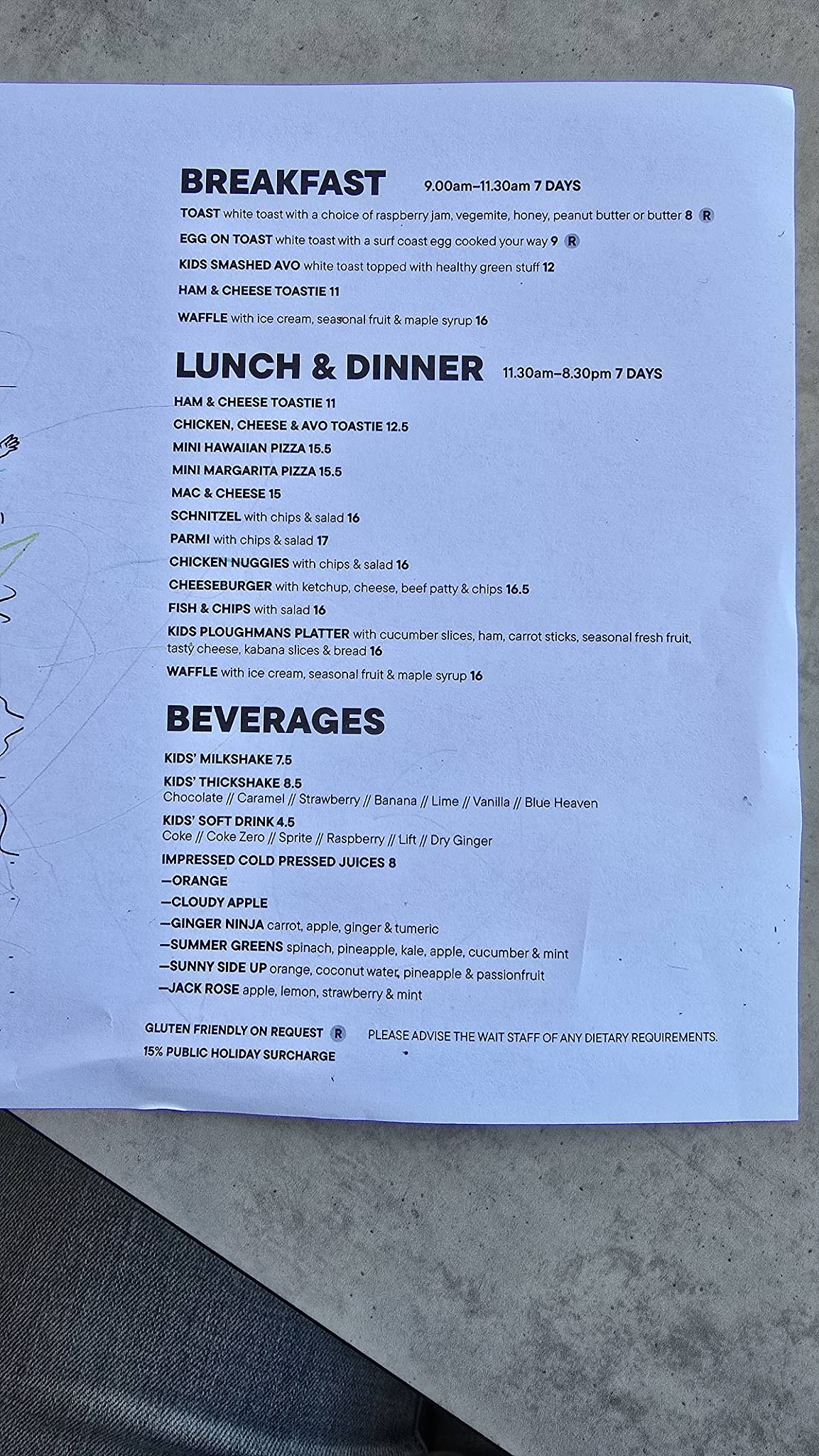 Menu at Wharf Shed restaurant, Geelong