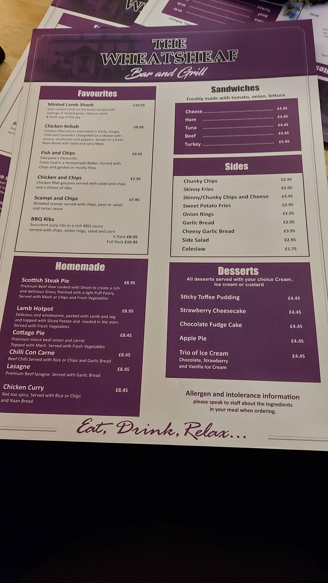 Menu at Wheatsheaf Inn pub & bar, Lymm
