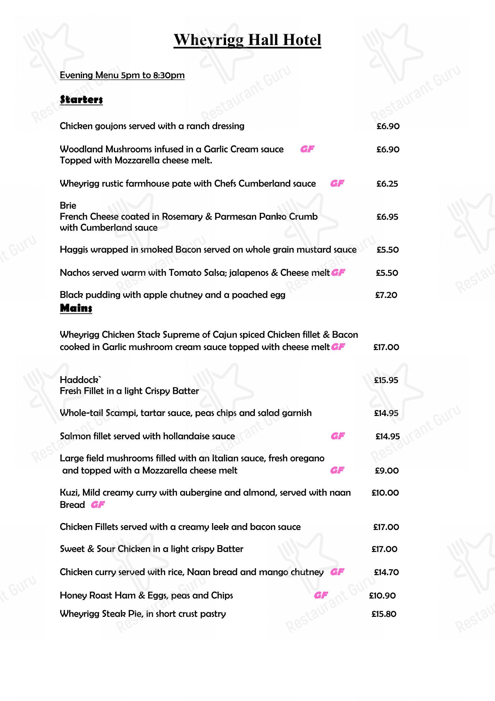 Menu at Wheyrigg Hall Hotel pub & bar, England