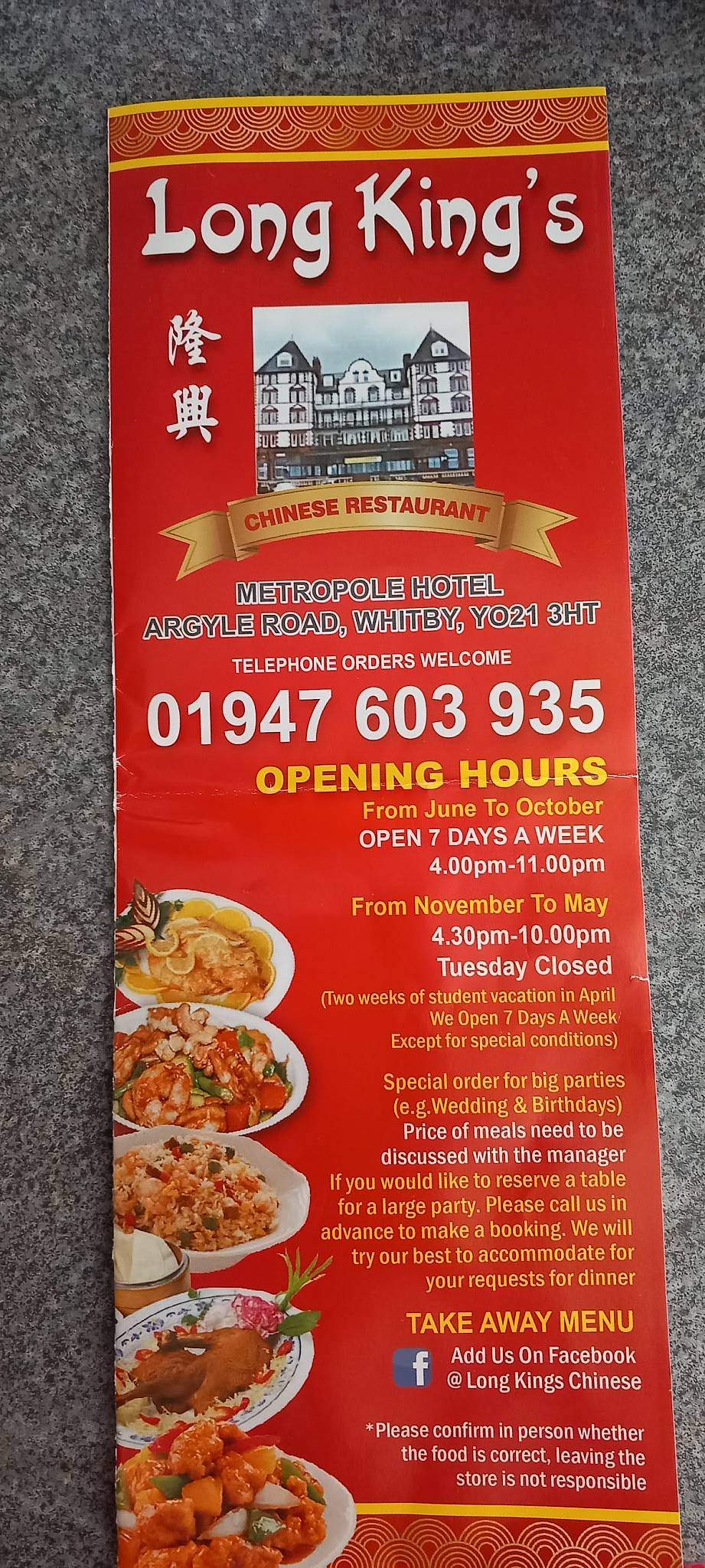 Menu at Long King Chinese Restaurant, Whitby