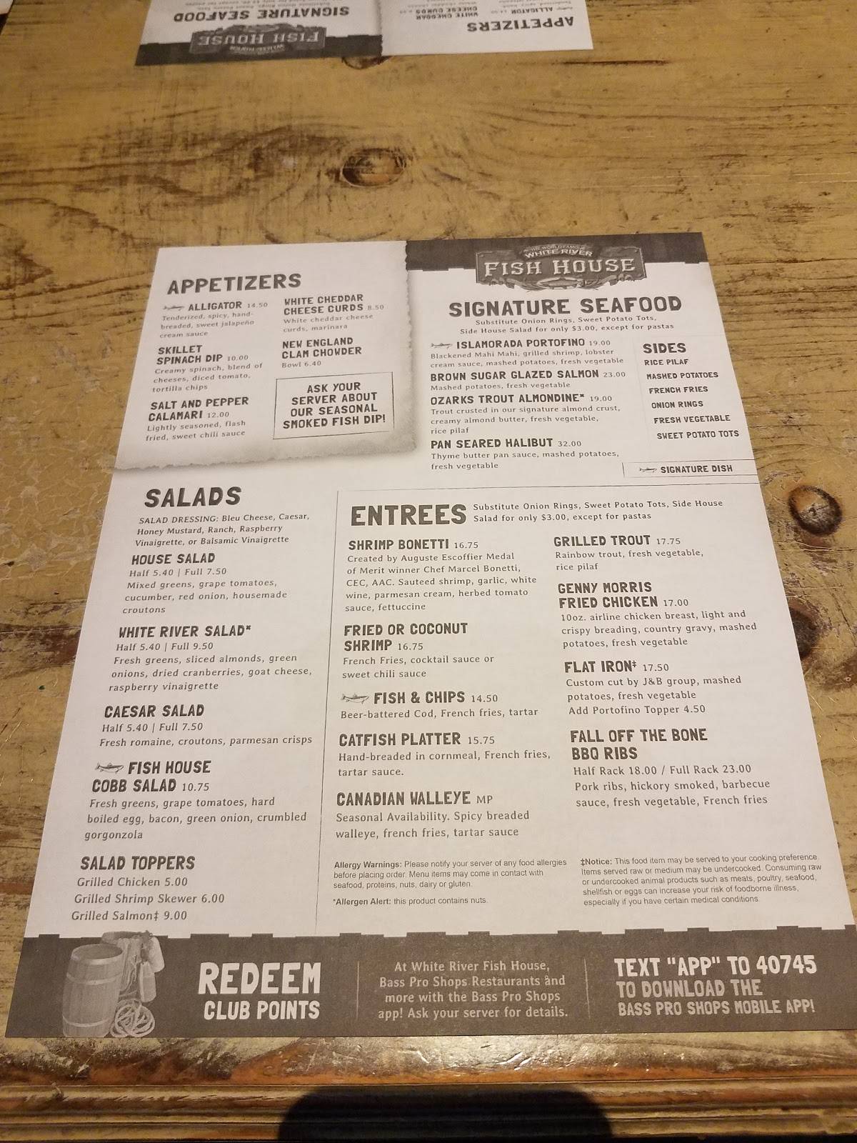 Menu at White River Fish House restaurant, Branson