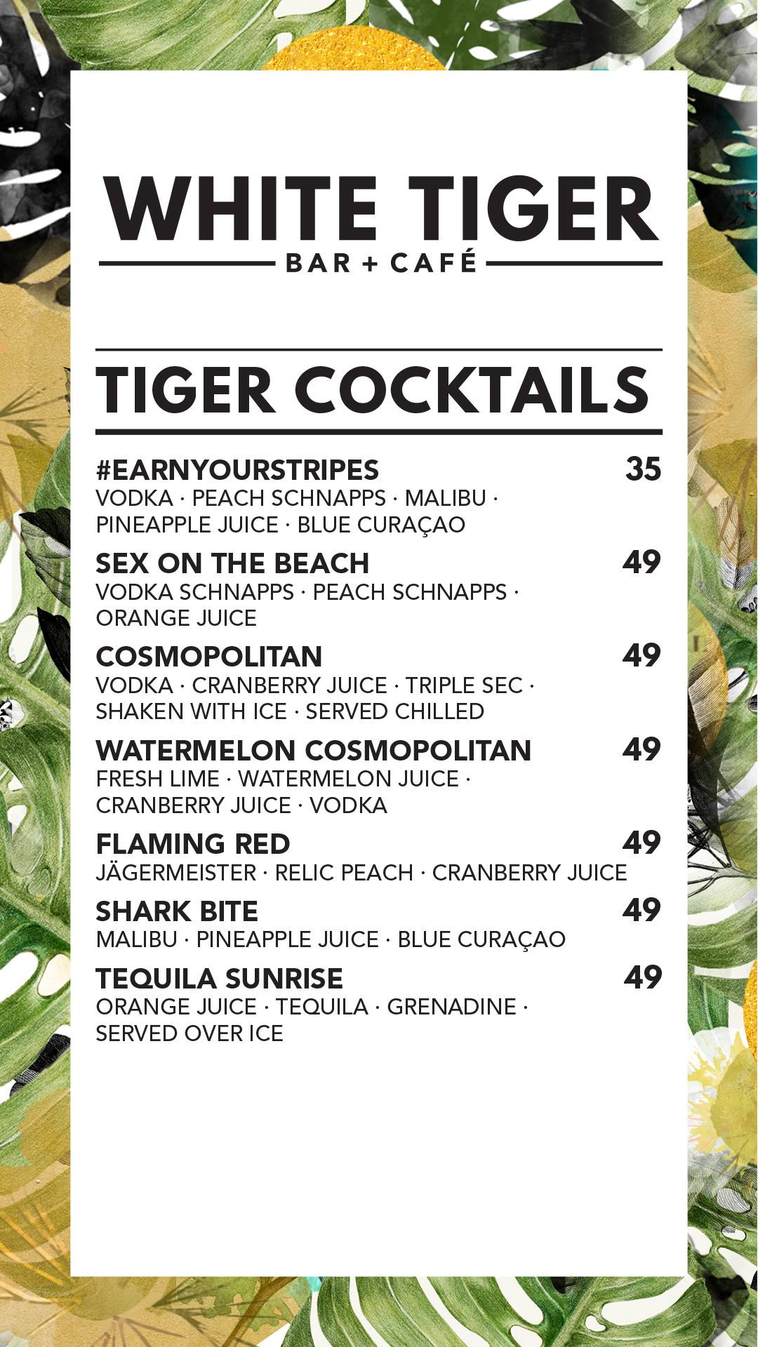 Menu at White Tiger Bar+Cafe, Port Elizabeth