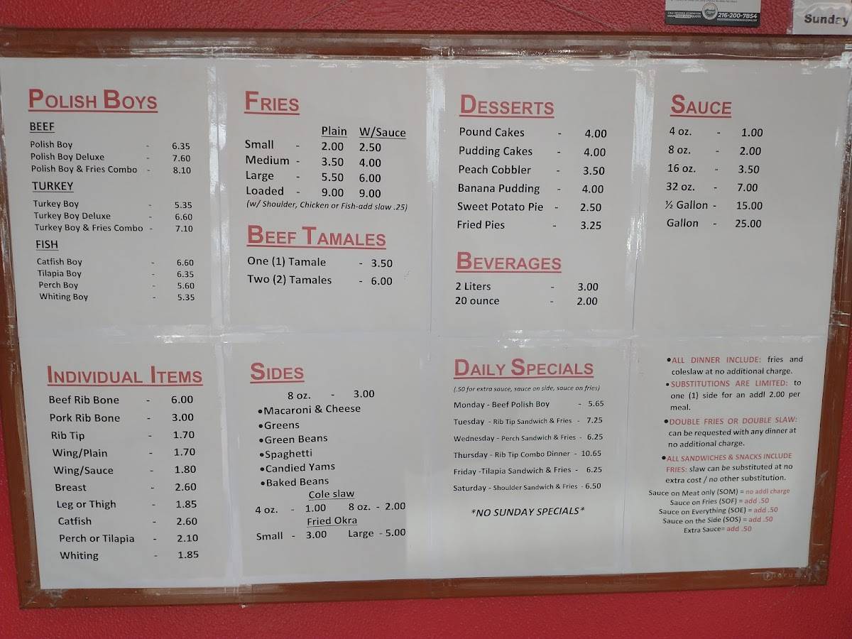 Menu at Whitmore's Bar-B-Q, Warrensville Heights, Harvard Ave