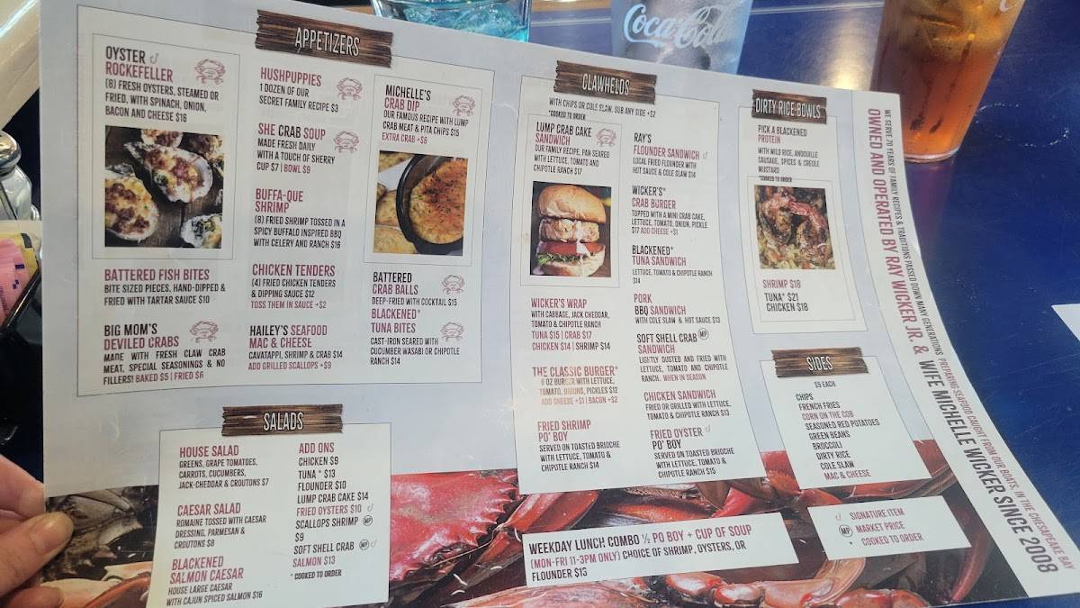 Menu at Wicker's Crab Pot Seafood restaurant, Chesapeake