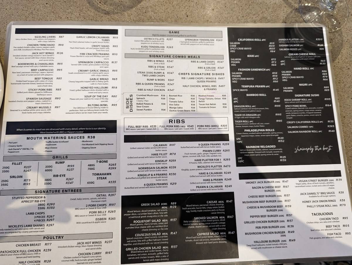 Menu at Wickleys Steakhouse, Randburg