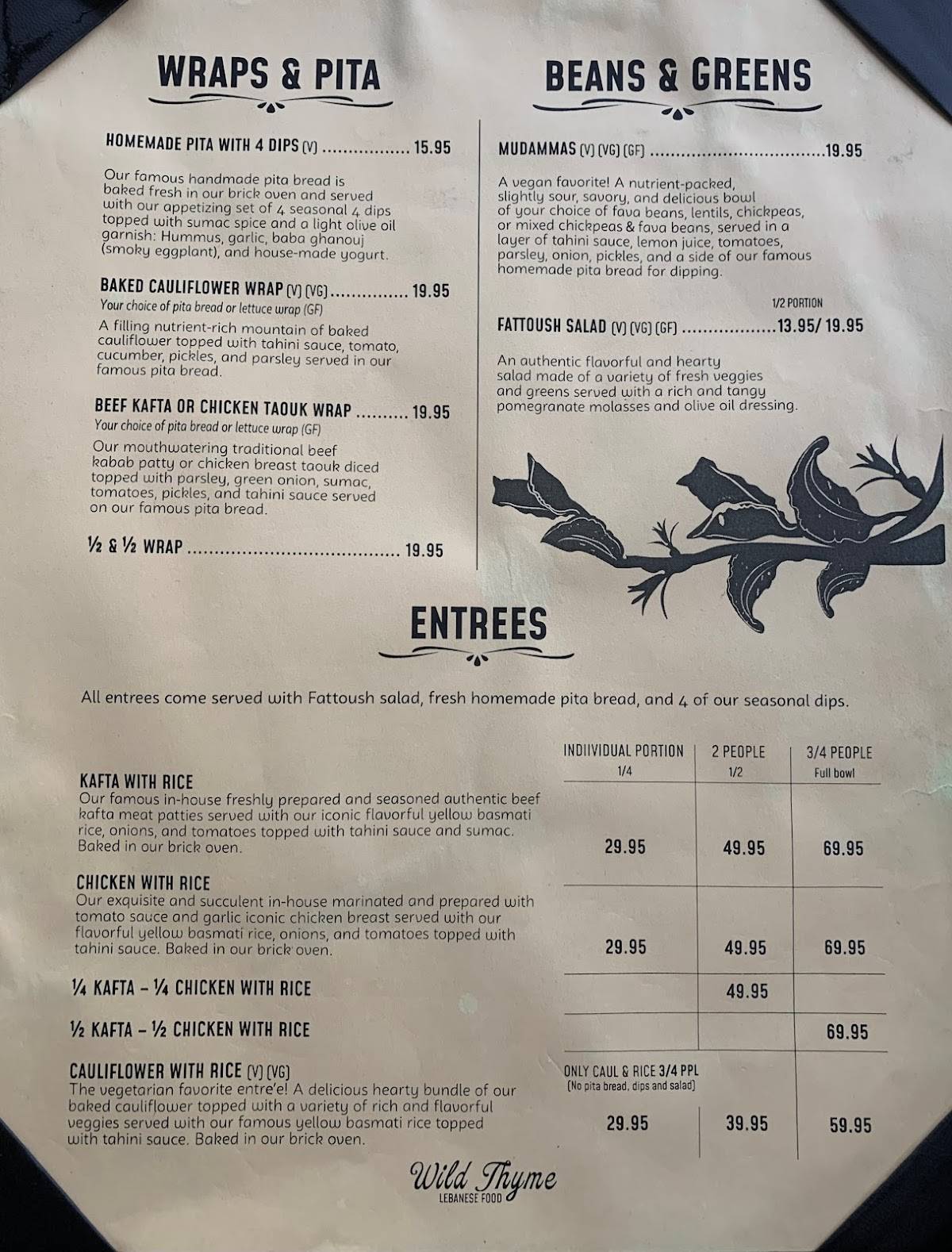Menu at Wild Thyme restaurant, New Westminster